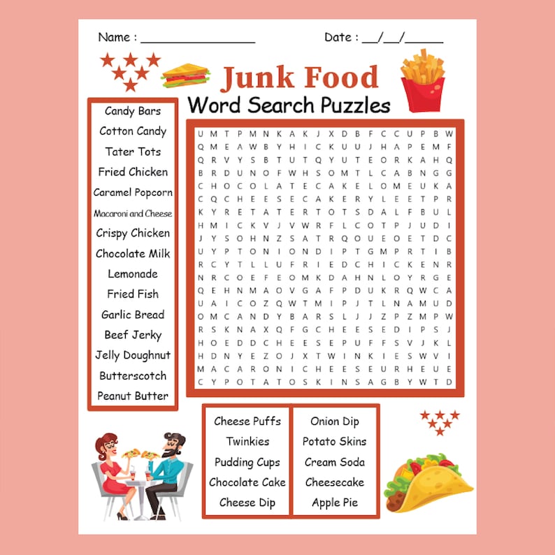 Junk Food Word Search Puzzle Worksheet Activity | 100 Printable Puzzle ...