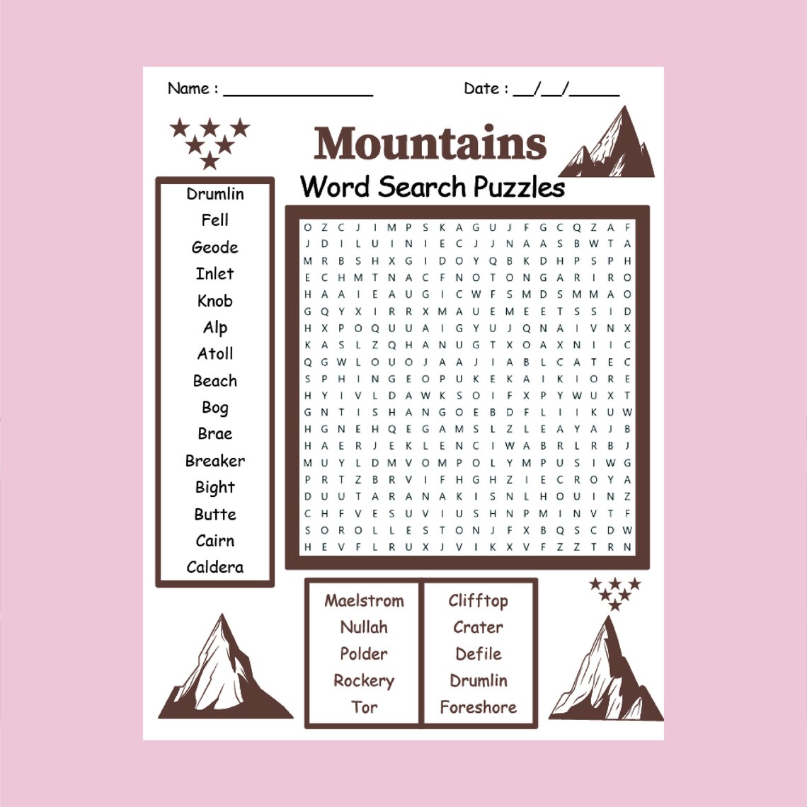 Mountains Word Search Puzzle Worksheet Activity 100 Printable Puzzle ...