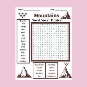 Mountains Word Search Puzzle Worksheet Activity | 100 Printable Puzzle ...