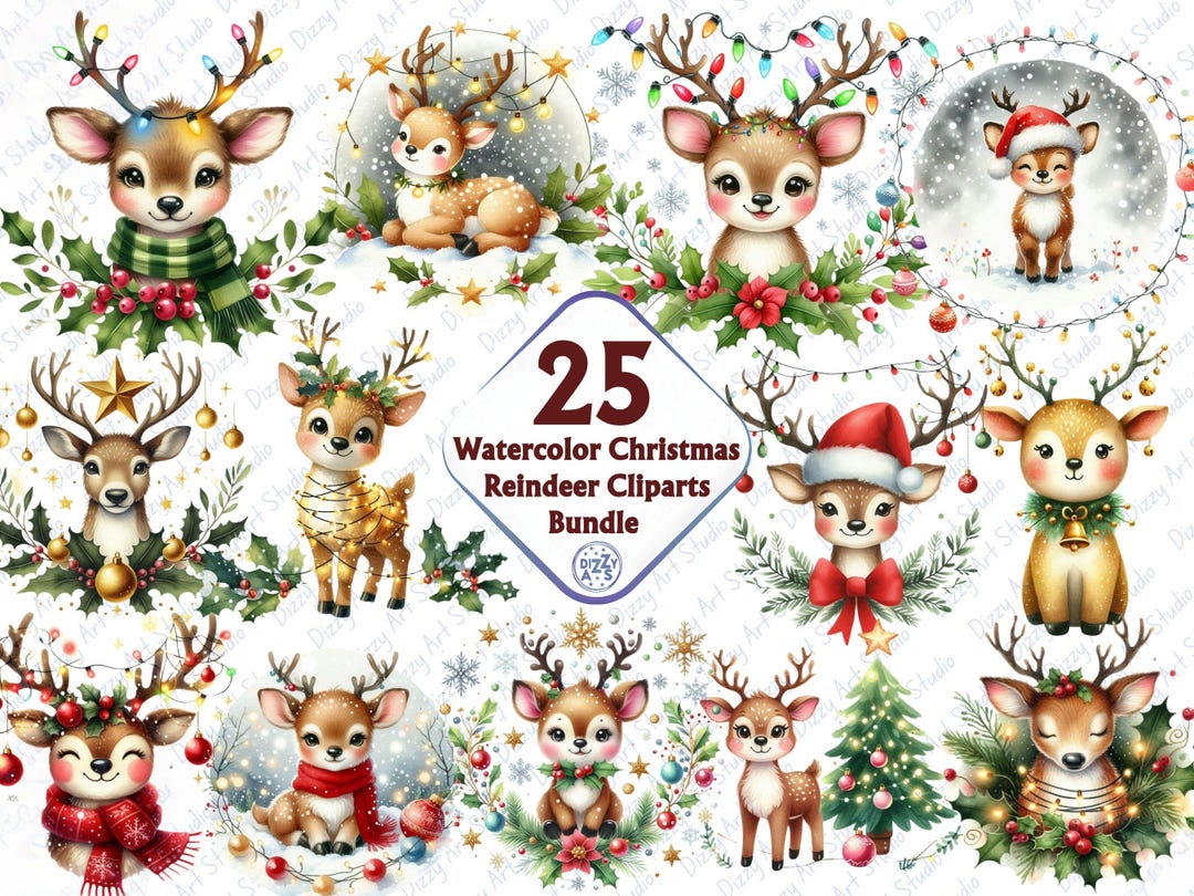 Cute Reindeer PNG Clipart Bundle, Watercolor Christmas Deer, Santa ...