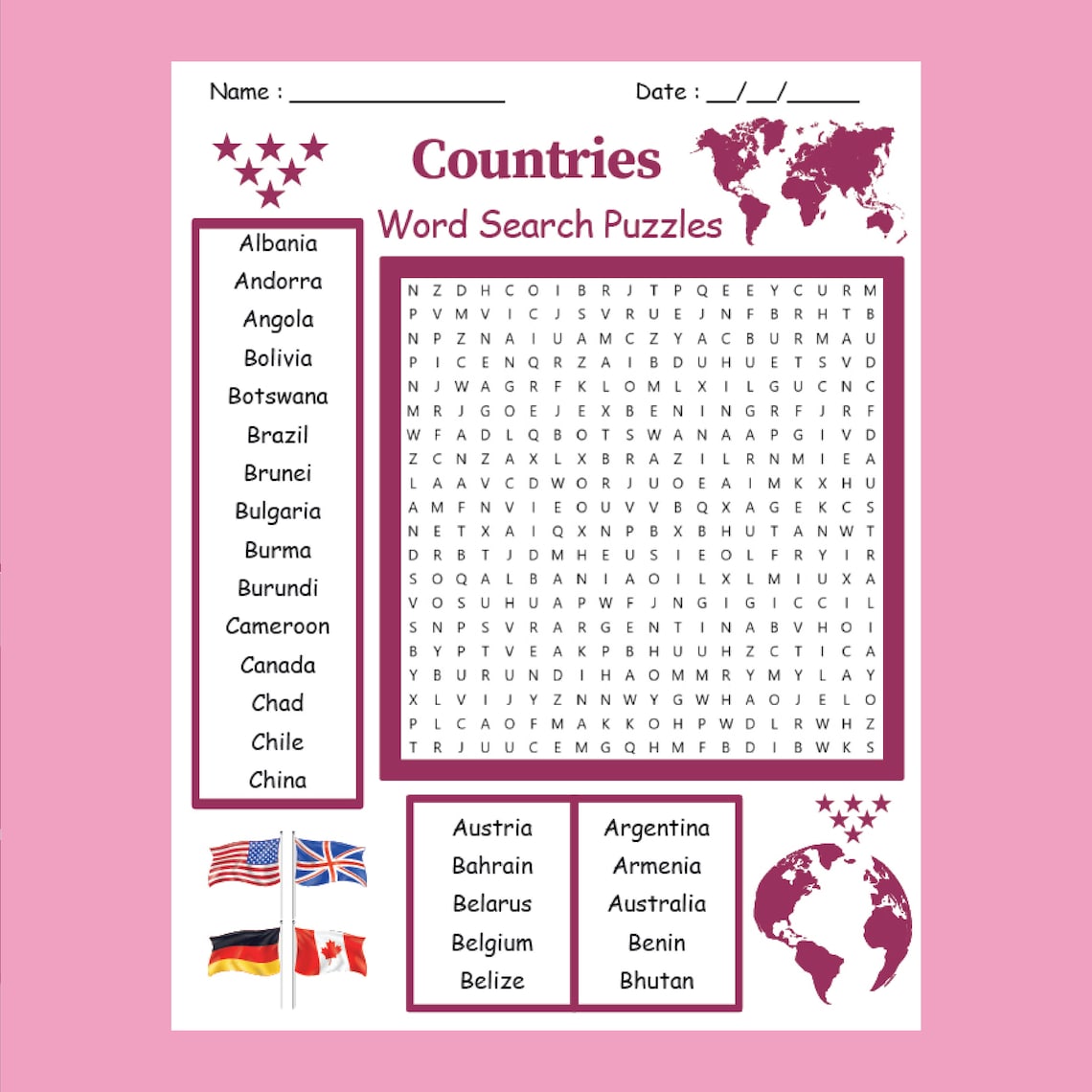Countries Word Search Puzzle Worksheet Activity | +190 Printable Puzzle ...