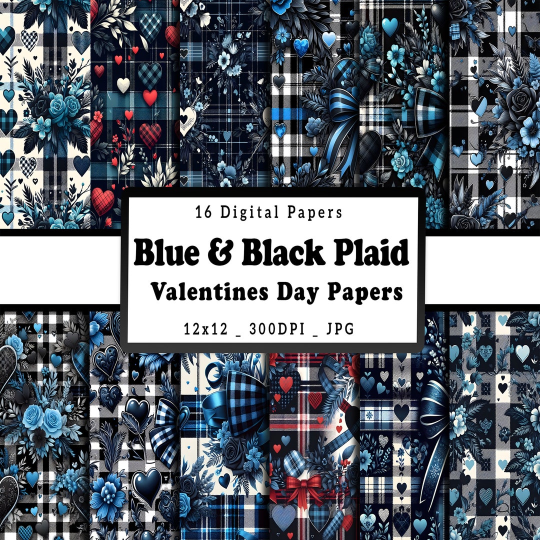 Valentines Day Plaid Digital Papers, Blue and Black Plaid Love Hearts ...