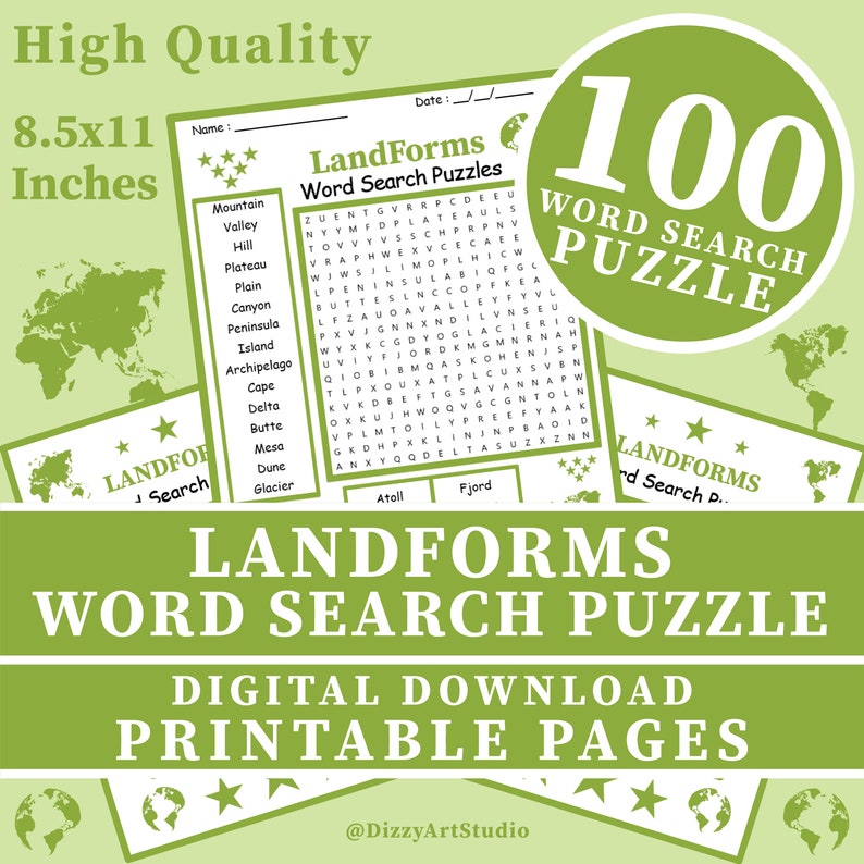 Landforms Word Search Puzzle Worksheet Activity 100 Printable Puzzle ...