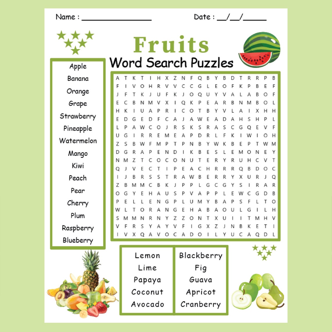 Fruits Word Search Puzzle Worksheet Activity | 100 Printable Puzzle ...