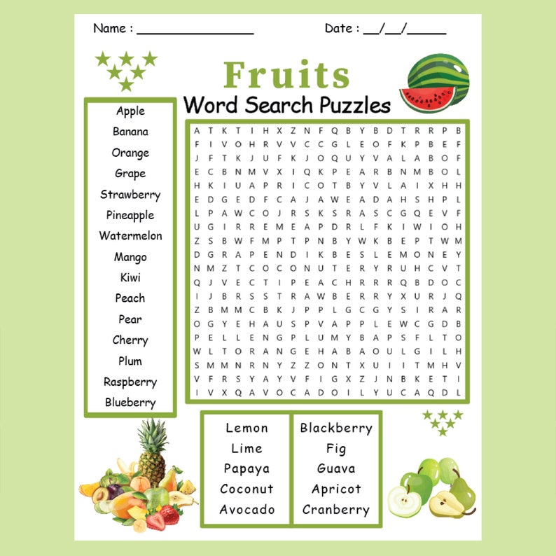 Fruits Word Search Puzzle Worksheet Activity | 100 Printable Puzzle ...