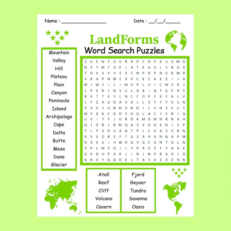 Landforms Word Search Puzzle Worksheet Activity 100 Printable Puzzle ...