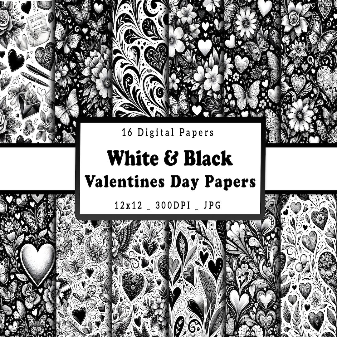 Love Hearts Digital Paper, Printable Valentine Pattern, White and Black ...