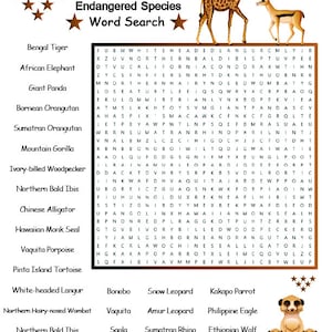 Animals of Endangered Species Word Search Puzzle | 99 Printable Puzzle ...