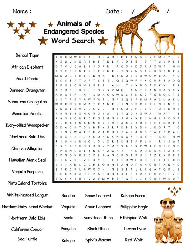 Animals of Endangered Species Word Search Puzzle | 99 Printable Puzzle ...