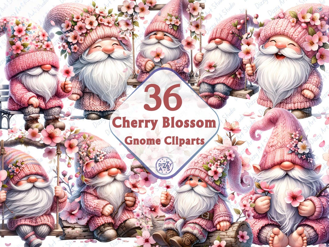 Watercolor Pink Cherry Blossom Gnomes PNG Floral Gnome Clipart ...