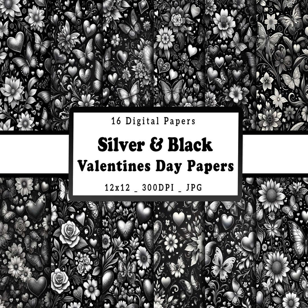 Love Hearts Digital Paper, Printable Valentine Pattern, Silver and ...