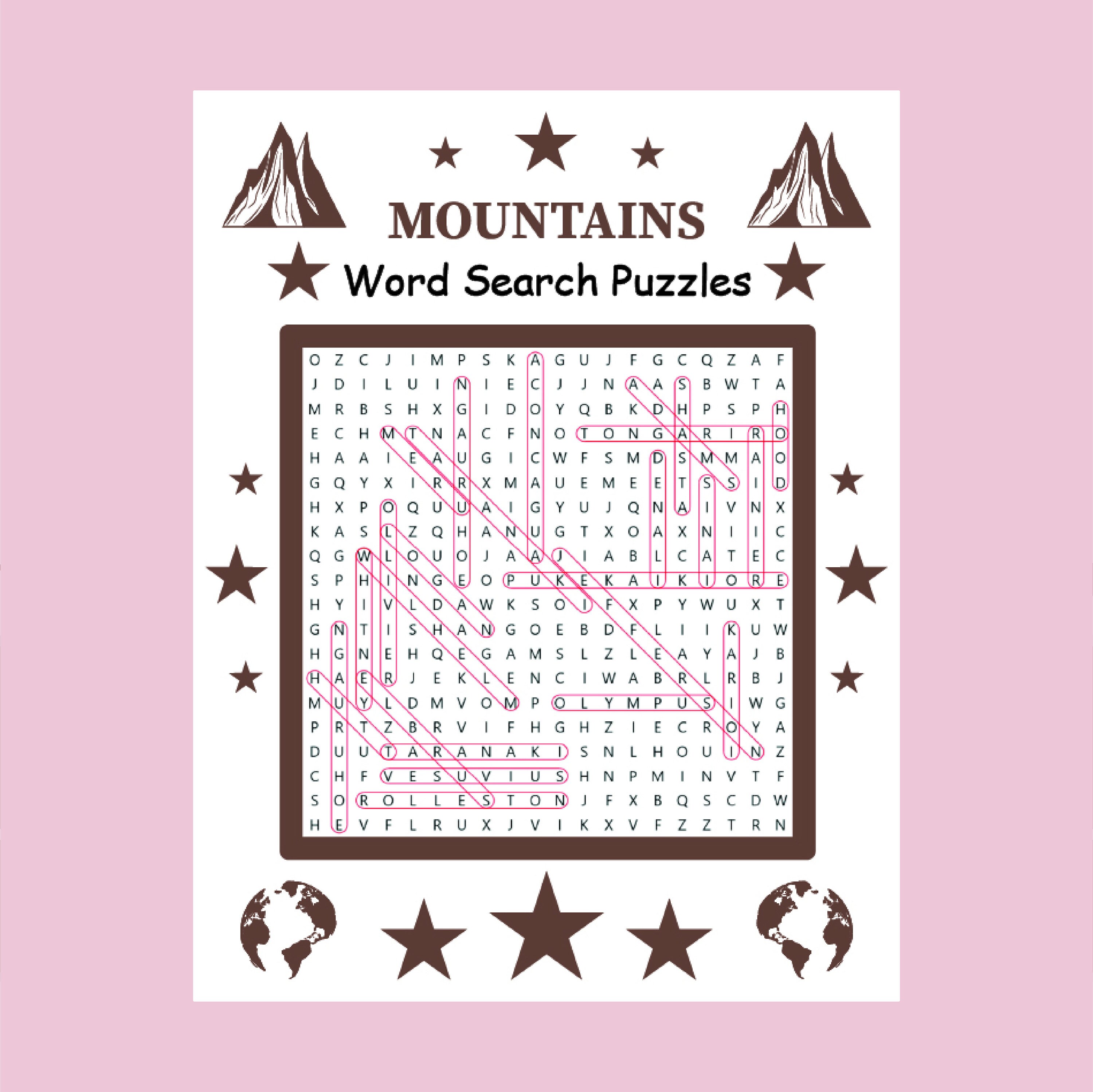 Mountains Word Search Puzzle Worksheet Activity 100 Printable Puzzle ...