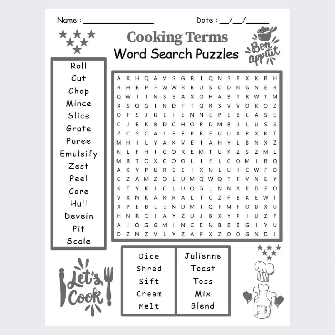 Cooking Terms Word Search Puzzle Worksheet Activity 100 Printable ...