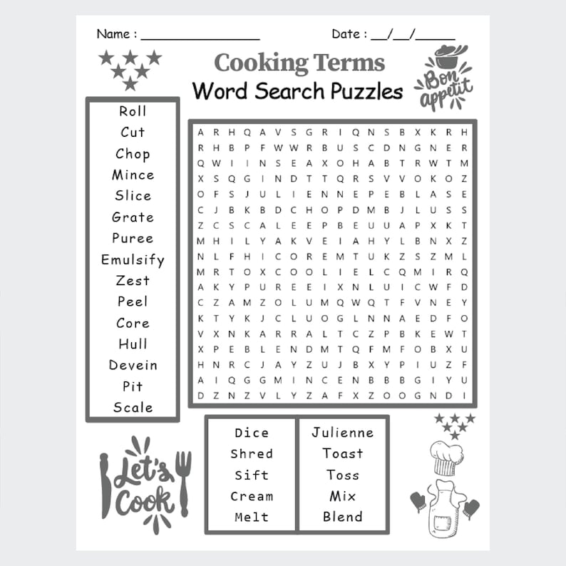 Cooking Terms Word Search Puzzle Worksheet Activity 100 Printable ...