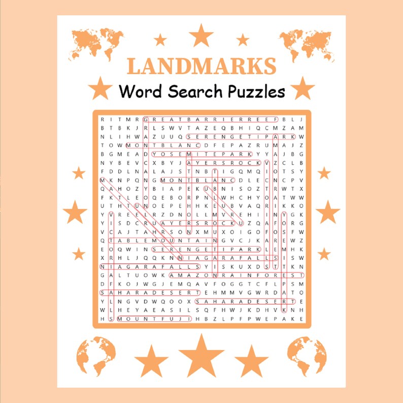 Landmarks Word Search Puzzle Worksheet Activity 99 Printable Puzzle ...