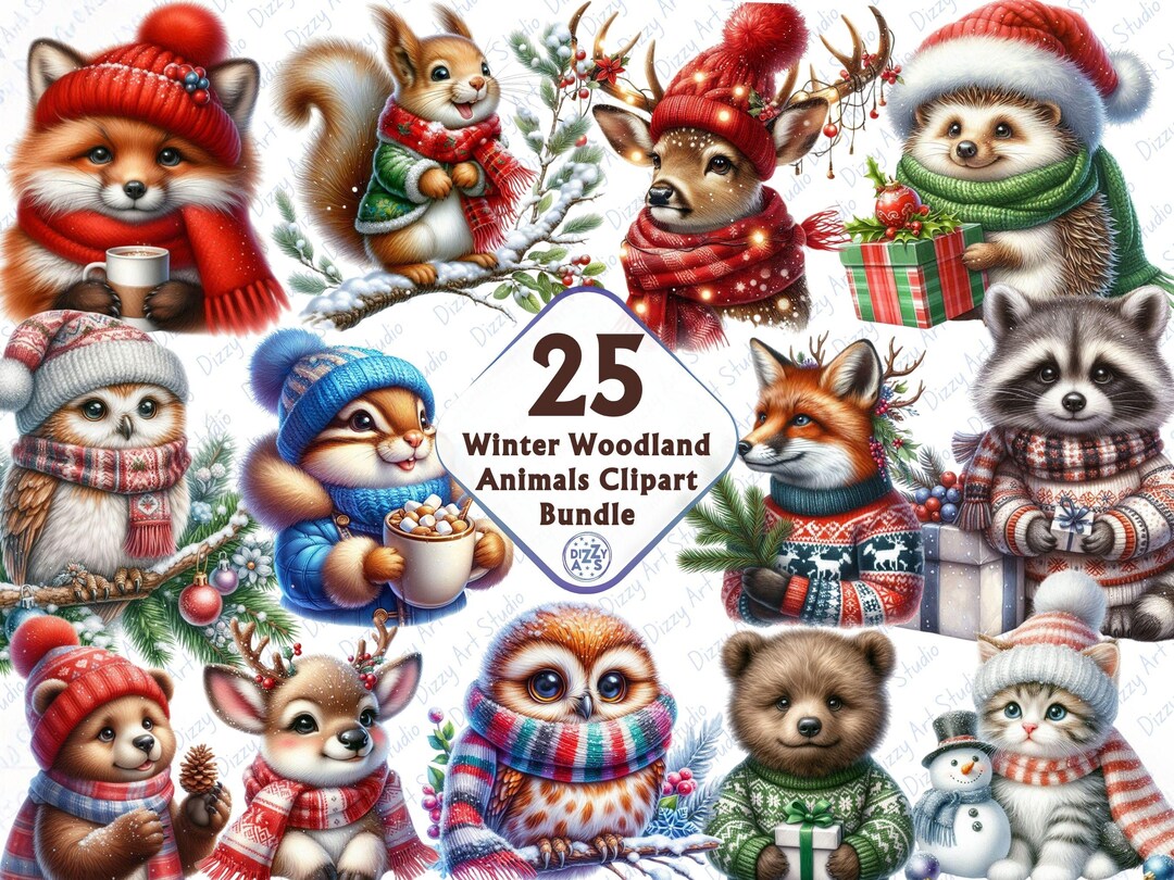 Winter Woodland Animals Clipart, Cute Forest Animal Illustrations ...