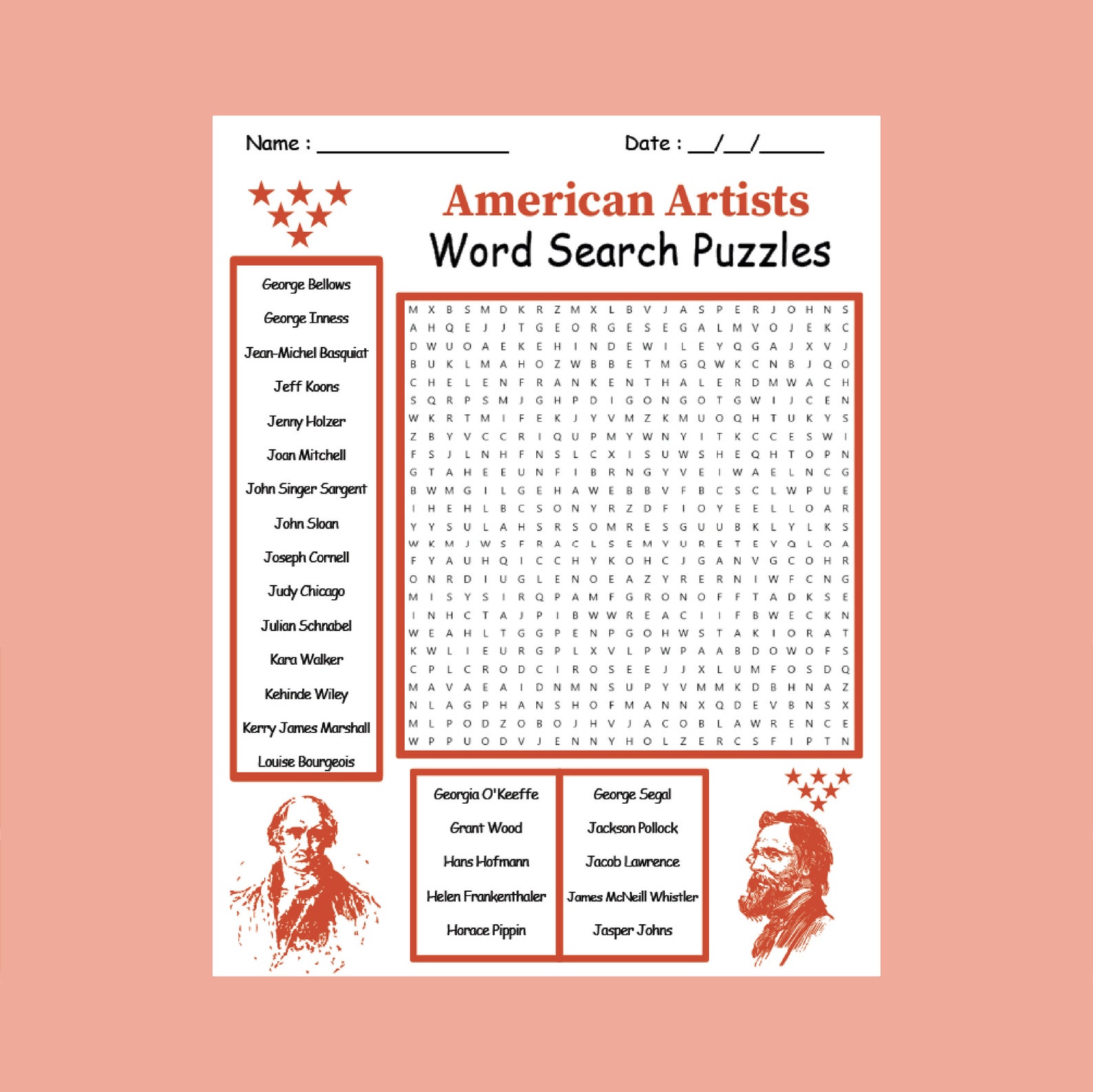 American Artists Word Search Puzzle Worksheet Activity Printable Puzzle ...