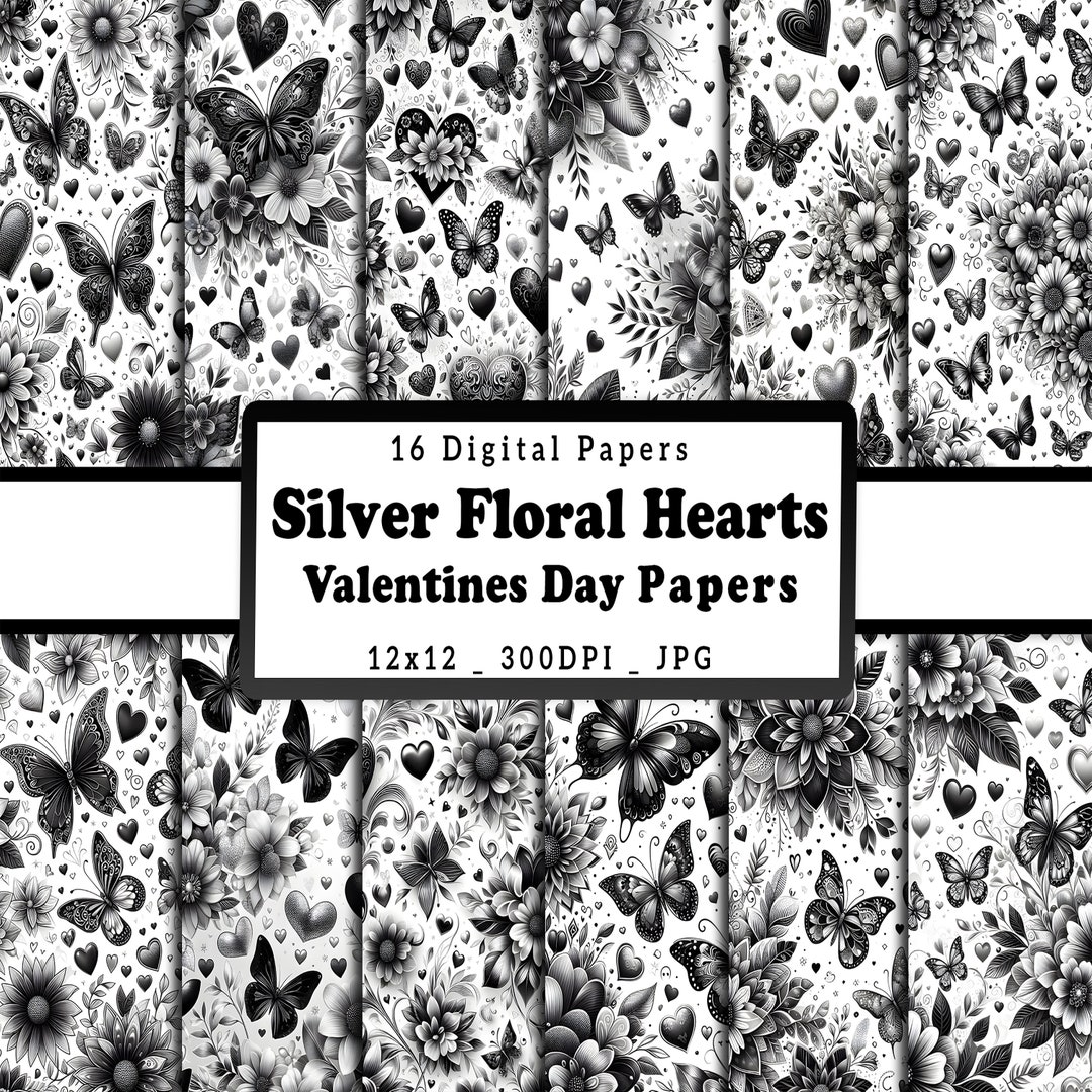 Love Hearts Digital Paper, Printable Valentine Pattern, Silver ...