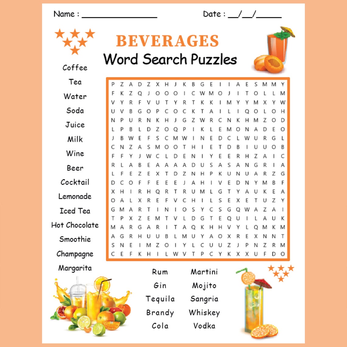 Beverages Word Search Puzzle Worksheet Activity 100 Printable Puzzle ...