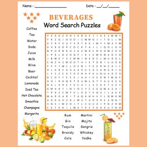 Beverages Word Search Puzzle Worksheet Activity | 100 Printable Puzzle ...