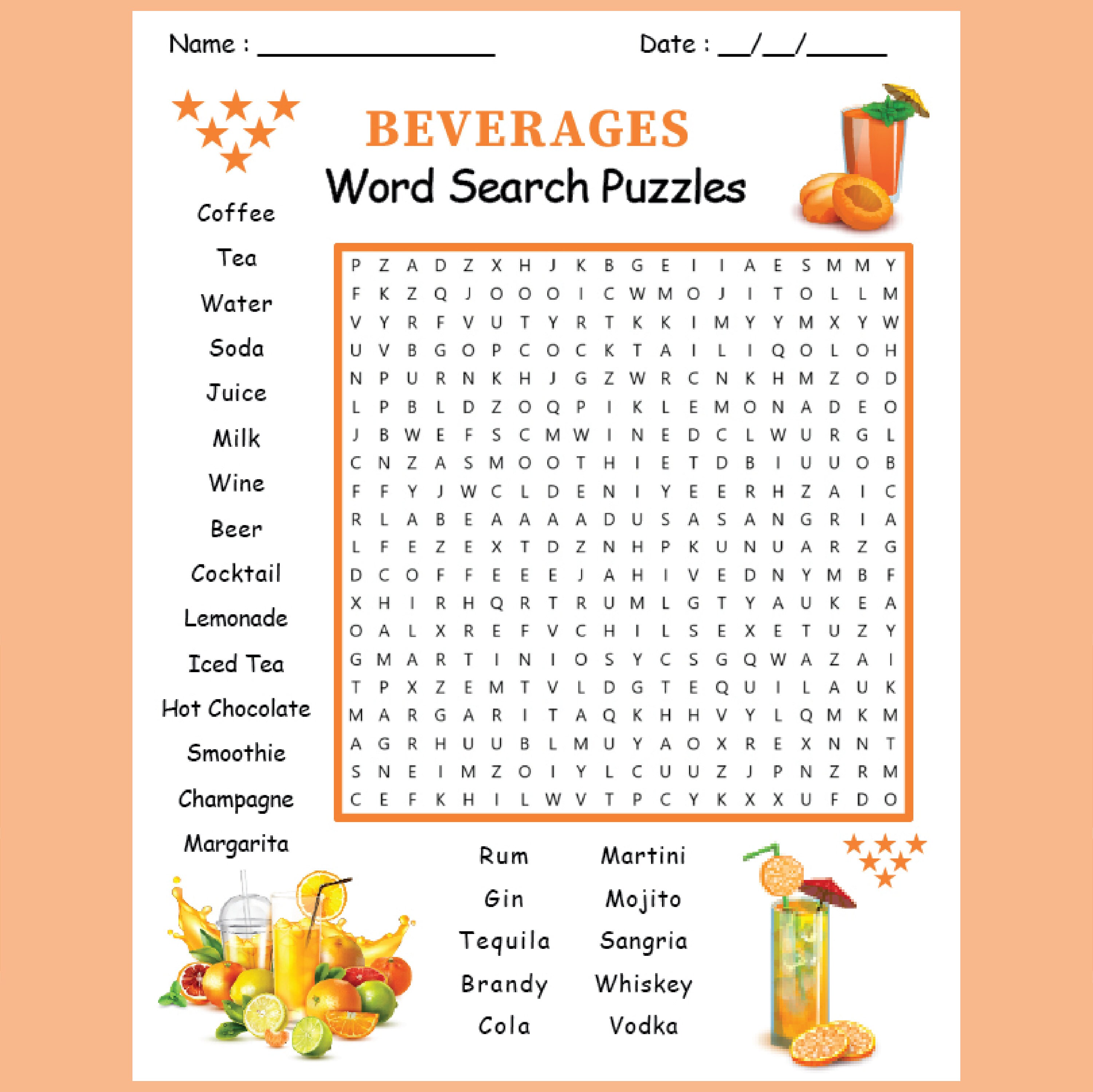 Beverages Word Search Puzzle Worksheet Activity 100 Printable Puzzle ...
