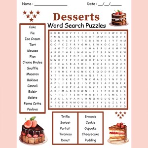 Desserts Word Search Puzzle Worksheet Activity | 100 Printable Puzzle ...