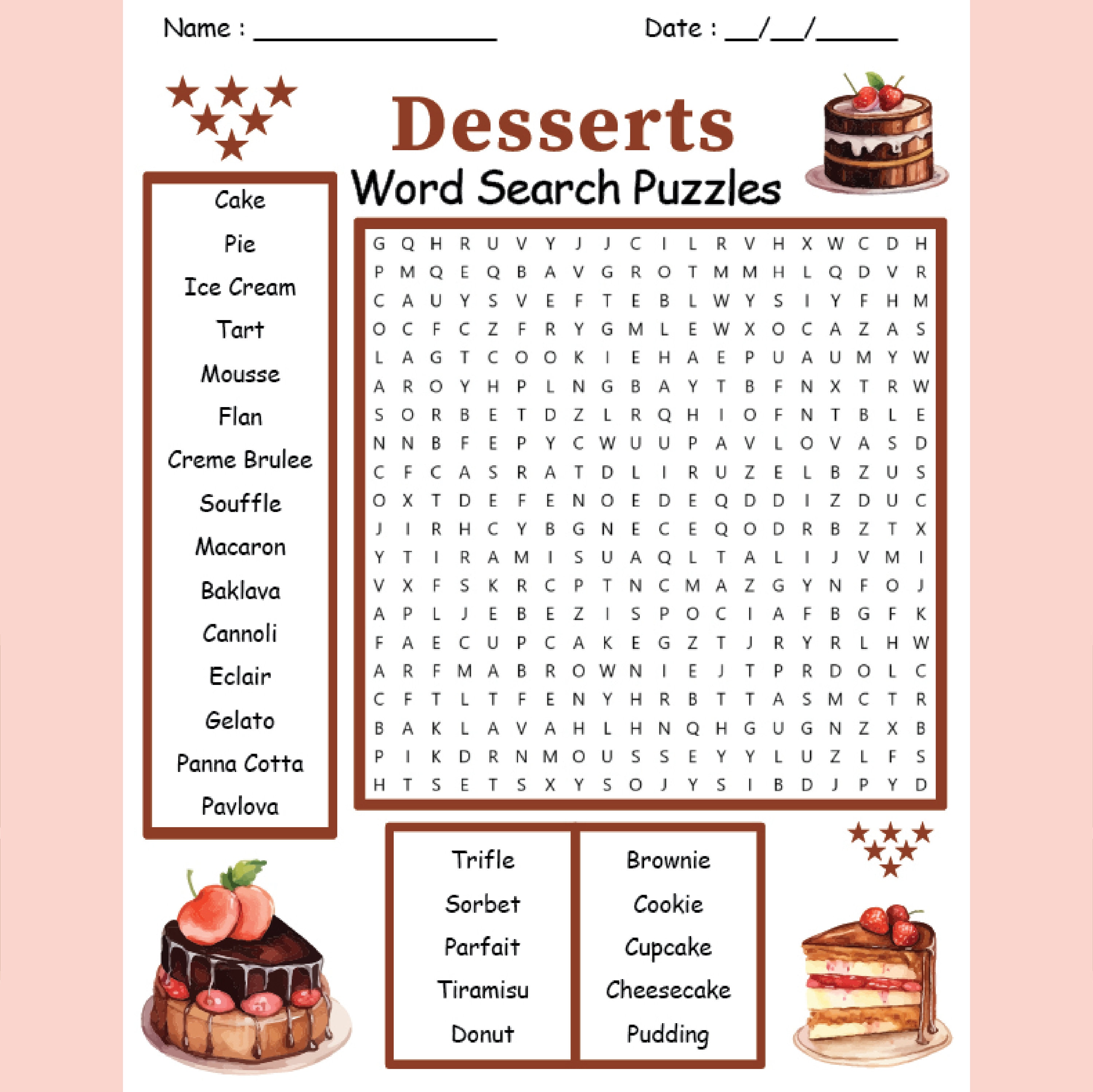 Desserts Word Search Puzzle Worksheet Activity | 100 Printable Puzzle ...