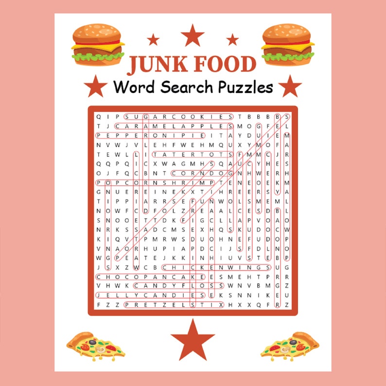Junk Food Word Search Puzzle Worksheet Activity | 100 Printable Puzzle ...
