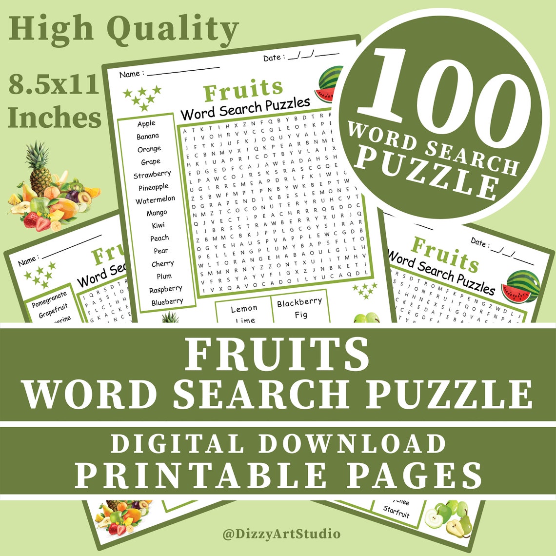 Fruits Word Search Puzzle Worksheet Activity 100 Printable Puzzle Pages ...