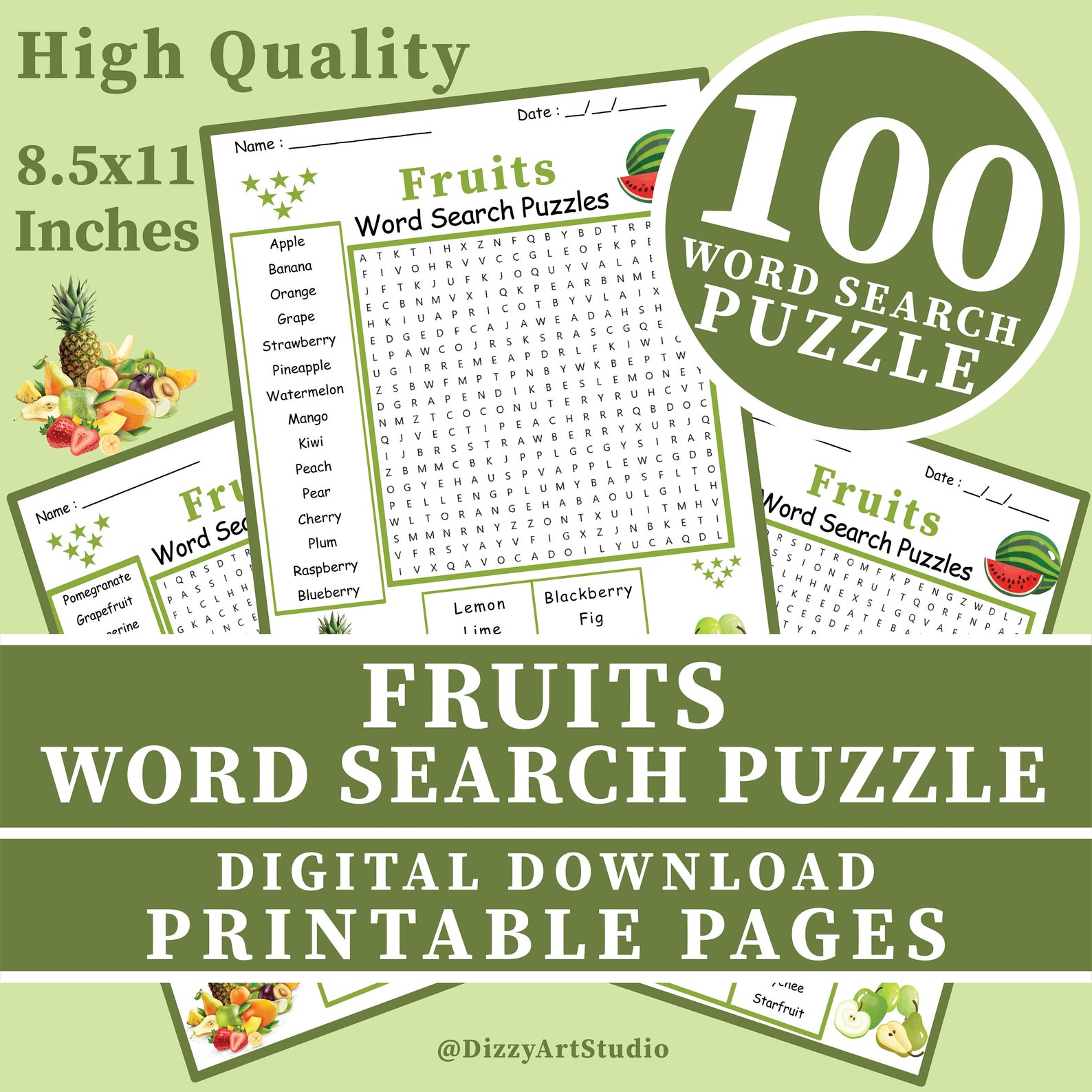 Fruits Word Search Puzzle Worksheet Activity 100 Printable Puzzle Pages ...