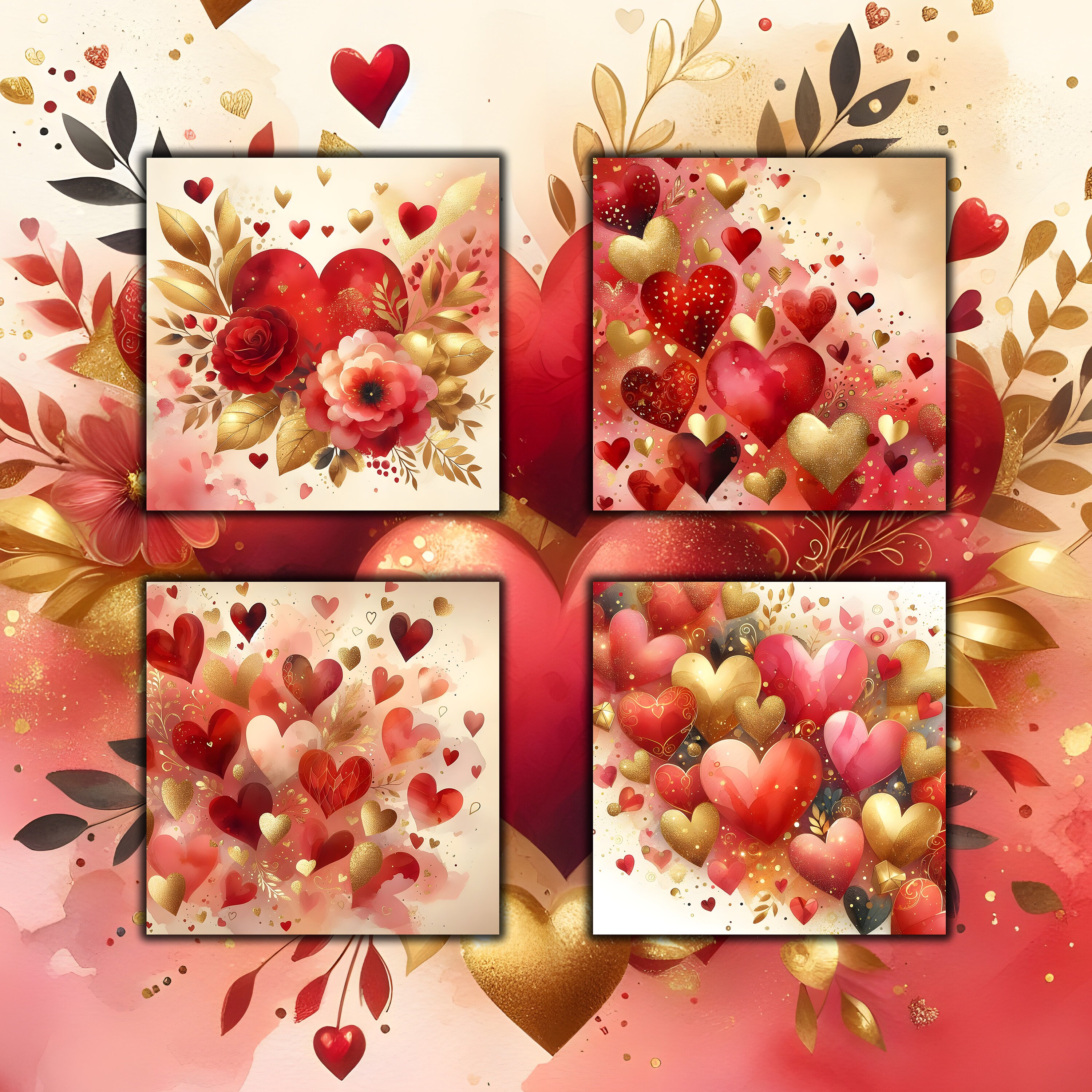 Love Hearts and Flowers Digital Paper, Watercolor Red Gold Valentine ...