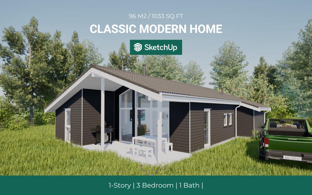 Classic .skp House Project sketchup CAD File 3 Bedrooms 1 Bath 96 M2 ...