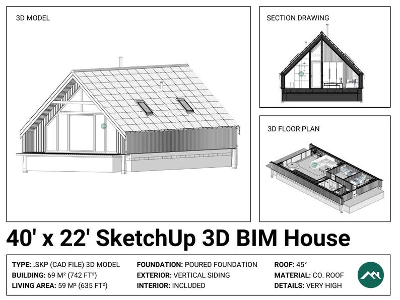 A-frame Sketchup Model 3D Blueprints Small House Plan .skp CAD File 40 ...