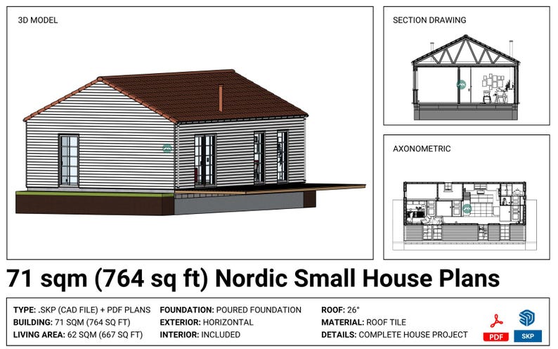 Classic 2-bedroom Small House Plan 11x7m 764 Sq Ft / 71 Sqm Vacation Home Design Sketchup CAD ...