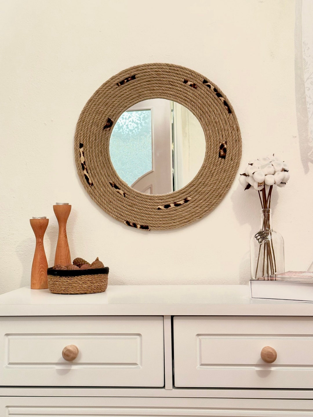 Wall Hanging Jute Mirror , Handmade Round Mirror for Bathroom , Wooden ...