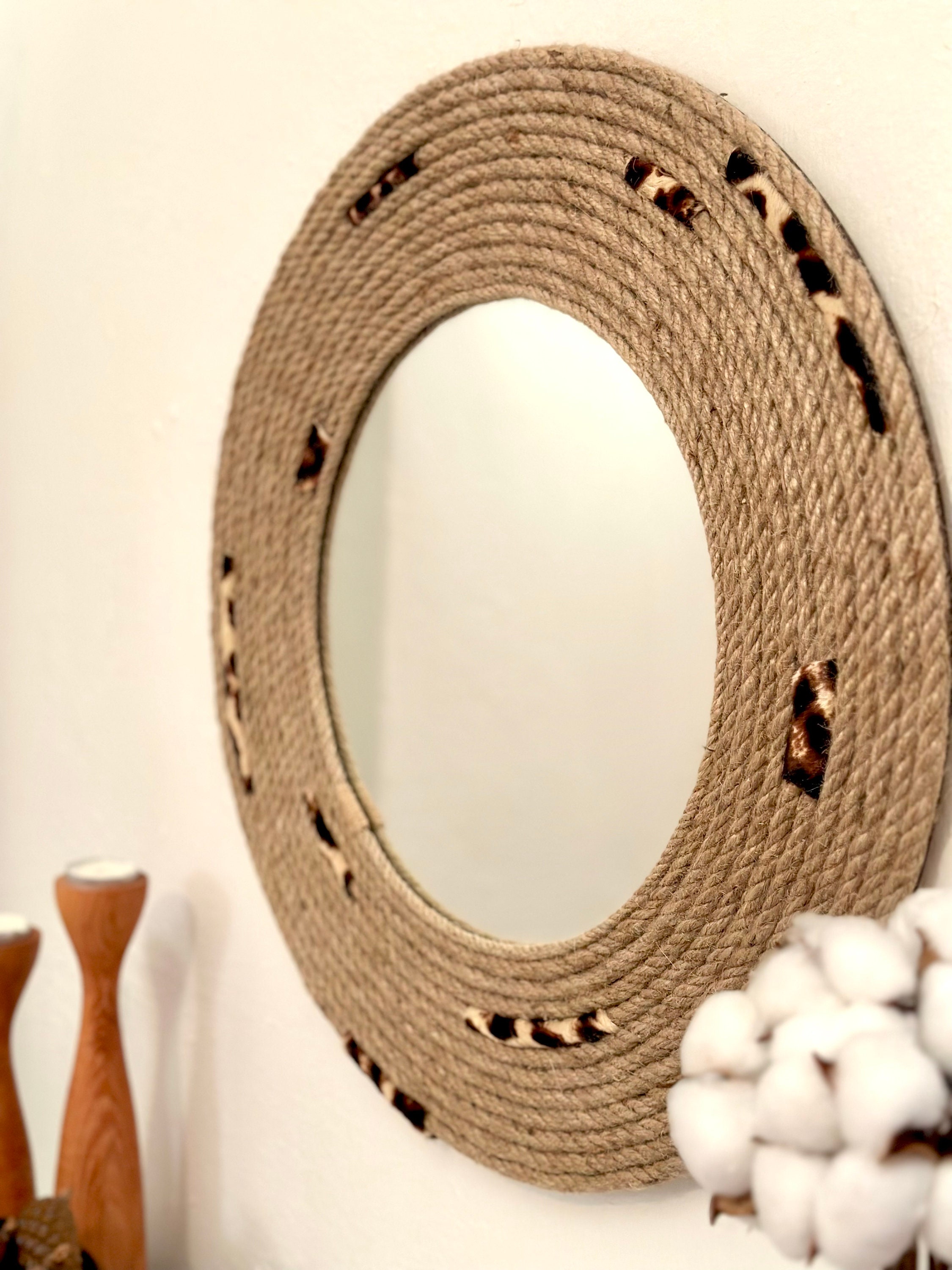 Wall Hanging Jute Mirror , Handmade Round Mirror for Bathroom , Wooden ...