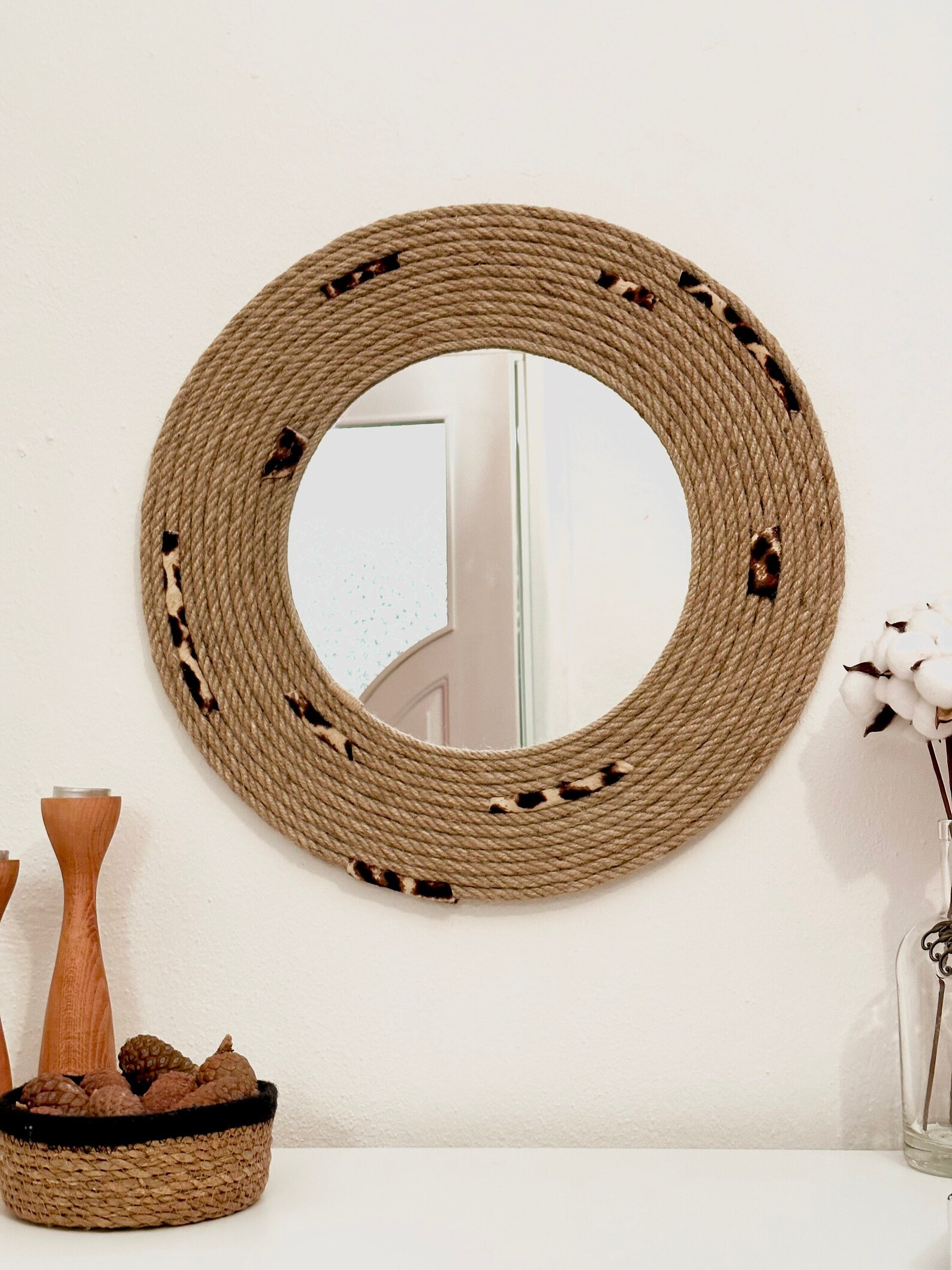 Wall Hanging Jute Mirror , Handmade Round Mirror for Bathroom , Wooden ...