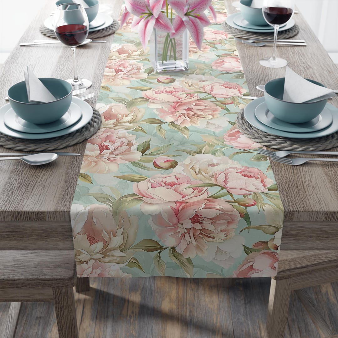 Wedding Table Runner, Pastel Pink Peonies & Greens, Spring Summer Easter Event Decor, Polyester ...