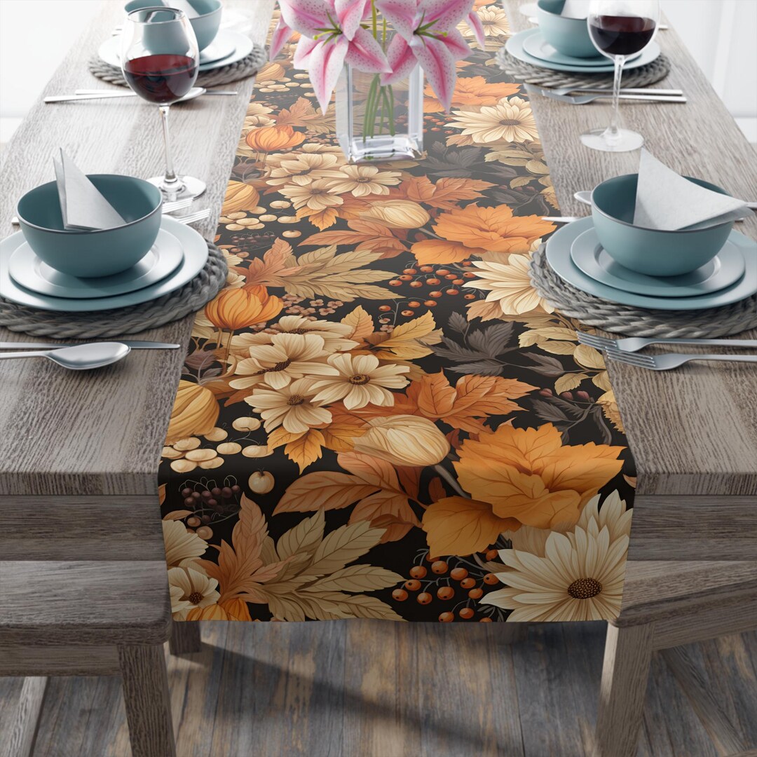 Neutral Fall Floral Table Runner: Autumn Leaves, Cream Flowers - Etsy