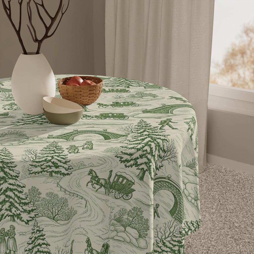Vintage Winter Toile Christmas Tablecloth | Green Holiday Table Decor ...