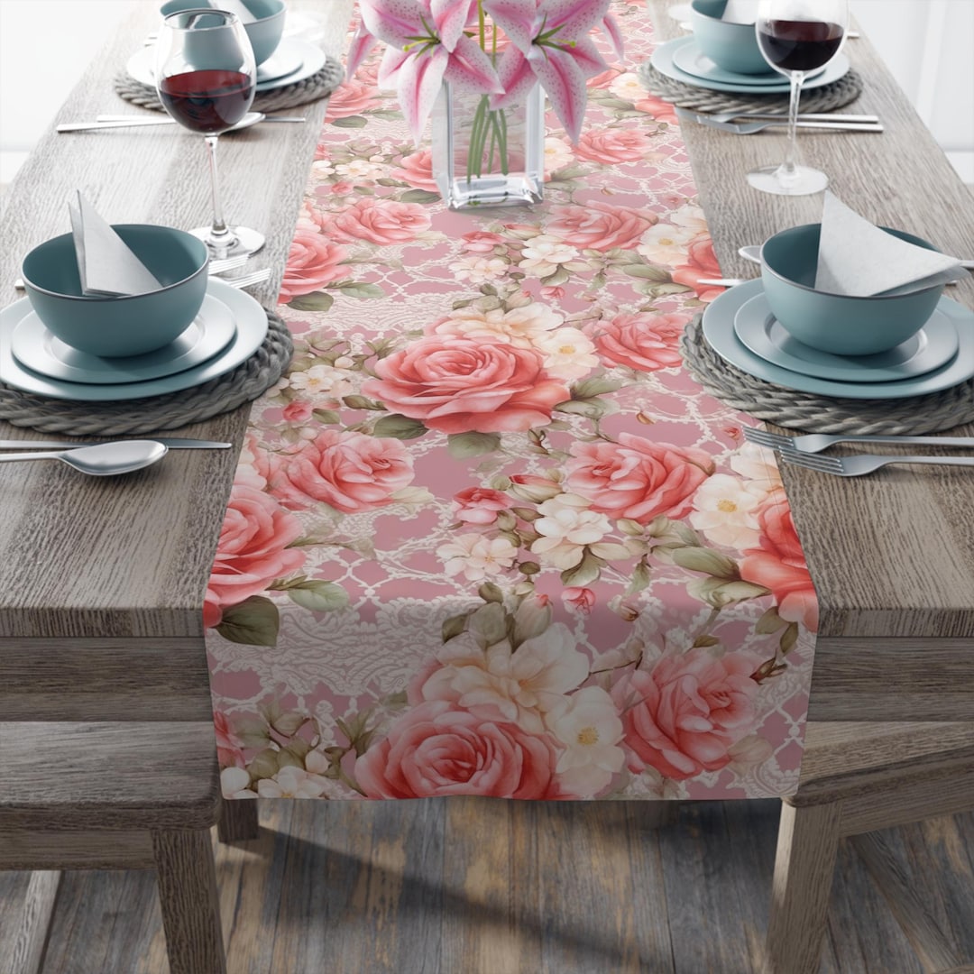 Shabby Chic Wedding Table Runner: Pink Floral Lace Print, Polyester - Etsy