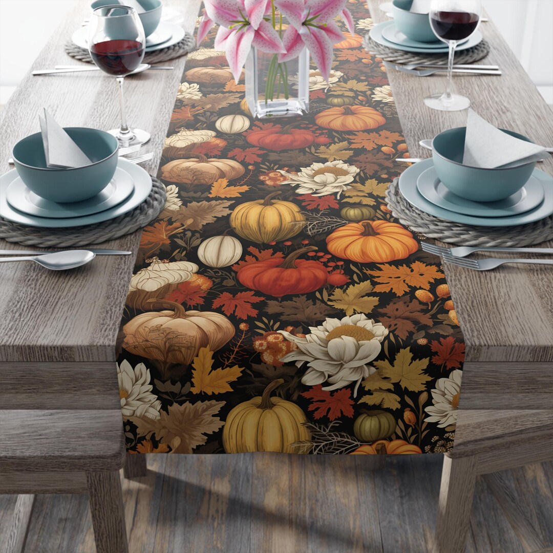 Pumpkin Fall Table Runner: Autumn Leaves & Cream Florals Thanksgiving ...