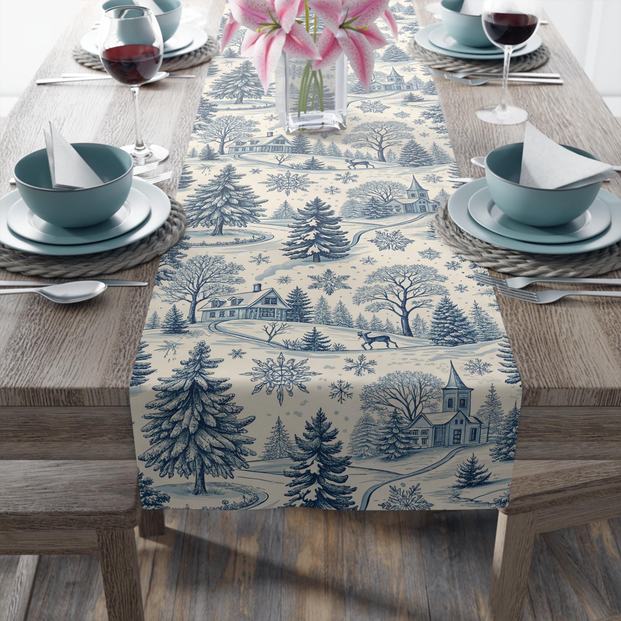 Blue Toile Christmas Table Runner: Winter Snowflake Dining Decor - Etsy
