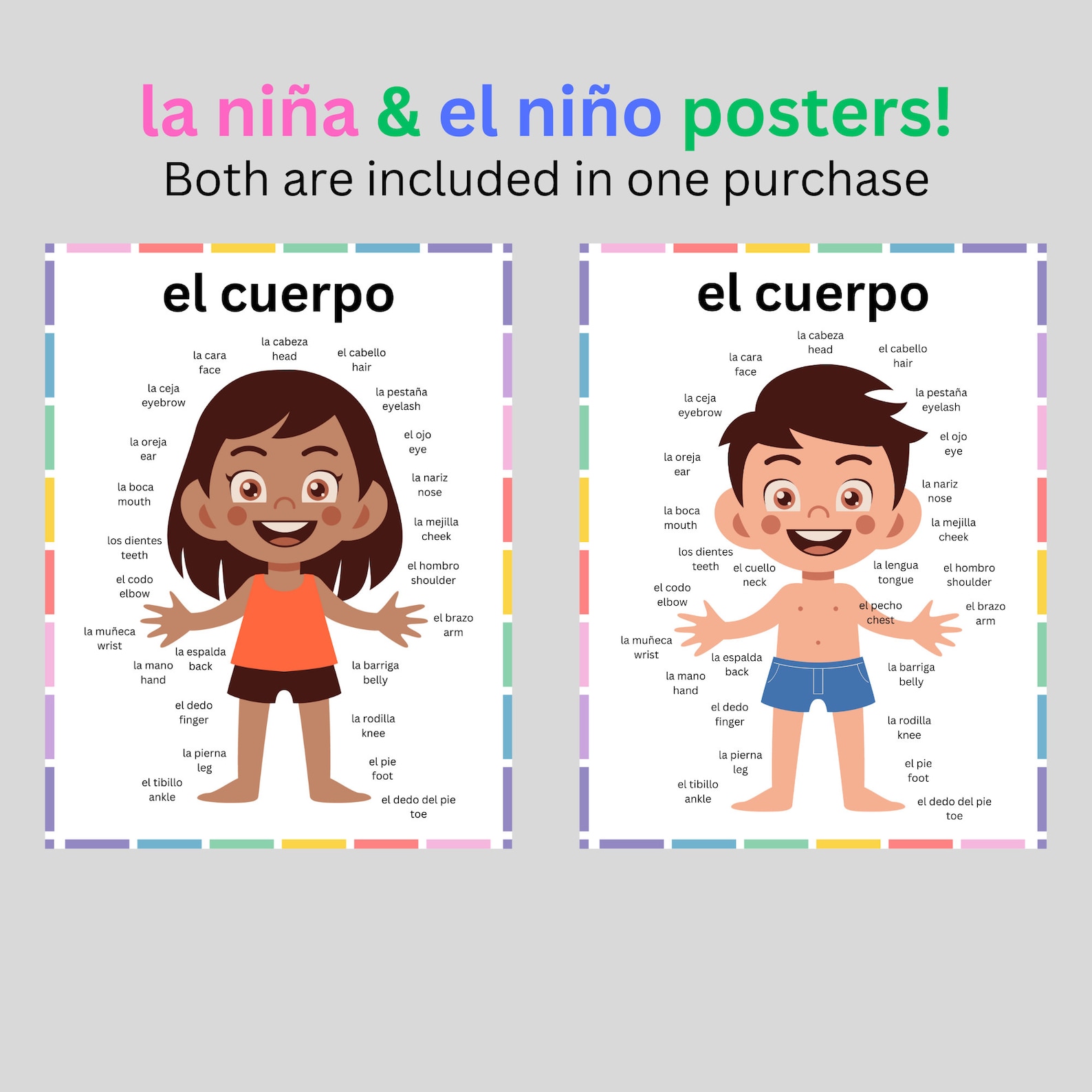 Body Parts in Spanish & English Poster Download, Spanish Basics ...