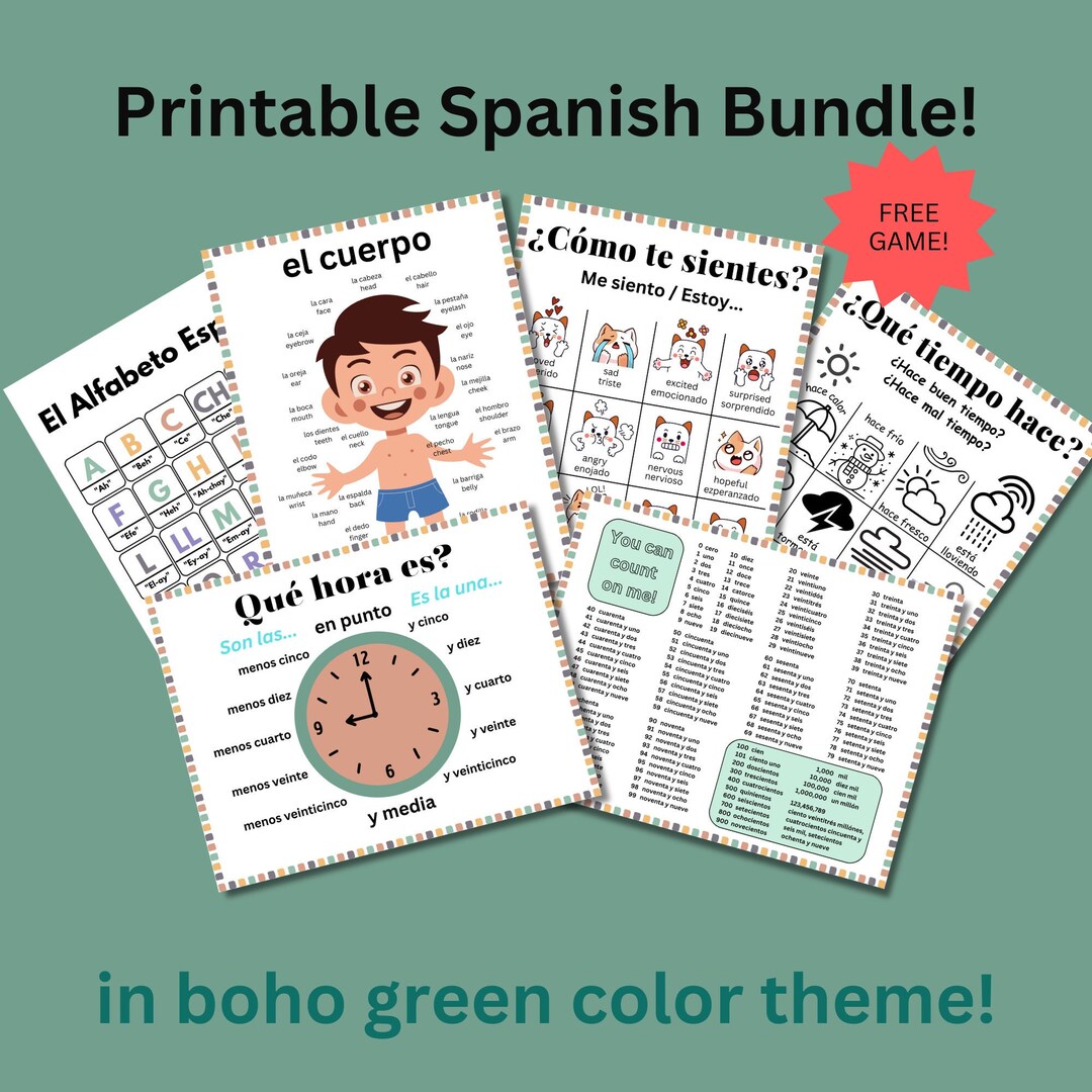 Spanish Basics Bundle Printable Posters in Boho Green Spanish - Etsy