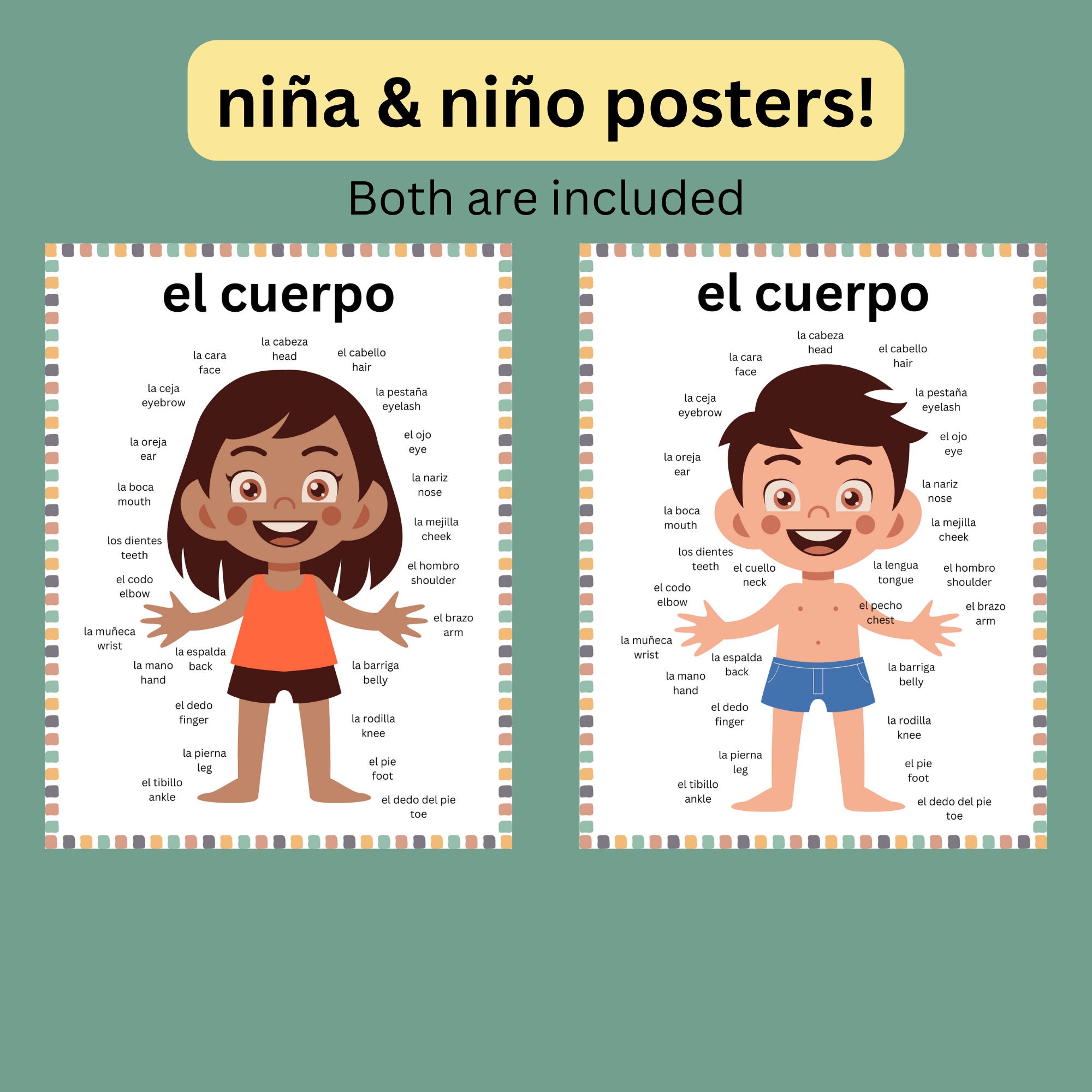 Spanish Basics Bundle Printable Posters in Boho Green, Spanish ...