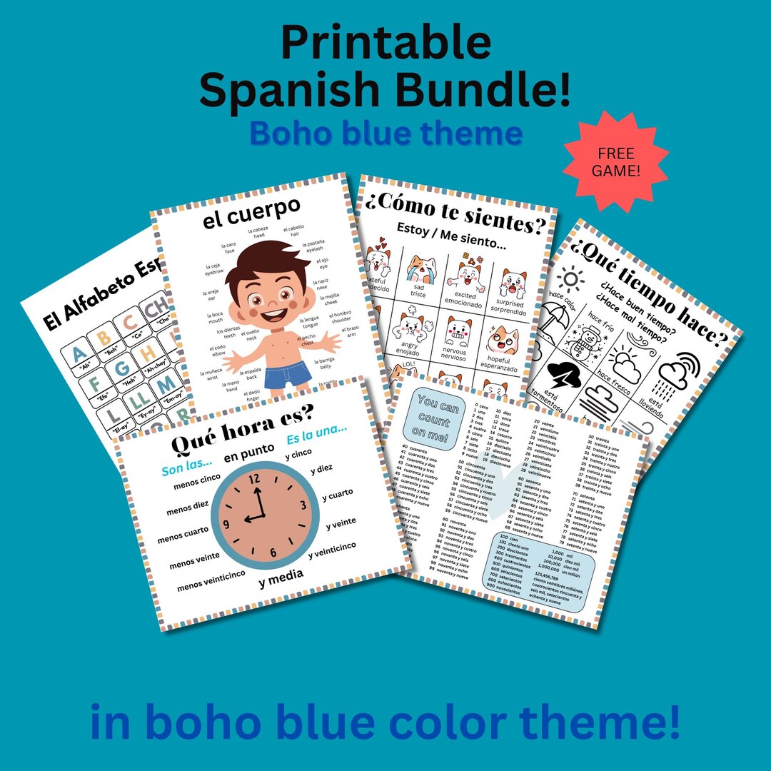 Spanish Basics Bundle Printable Posters in Boho Blue, Spanish ...