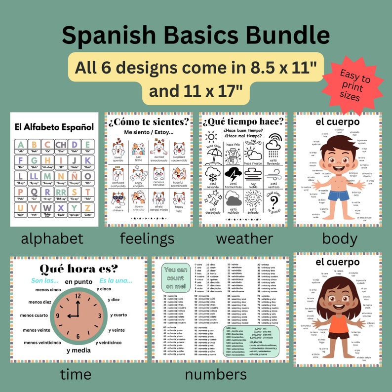 Spanish Basics Bundle Printable Posters in Boho Green, Spanish ...