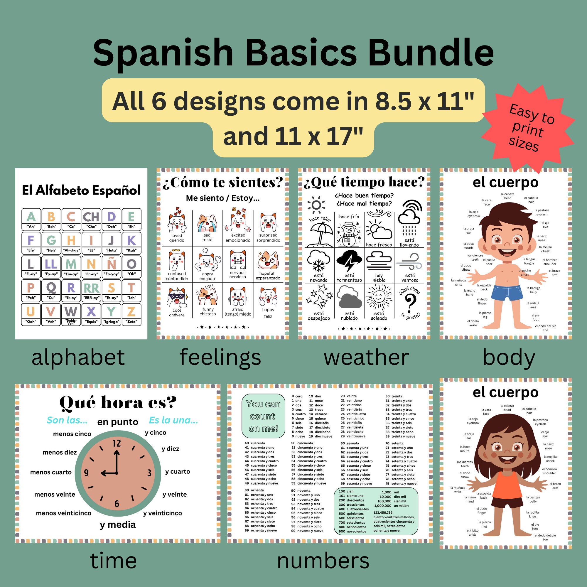 Spanish Basics Bundle Printable Posters in Boho Green, Spanish ...