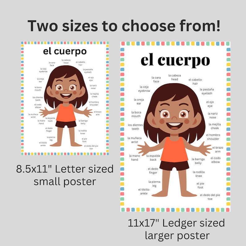 Body Parts in Spanish & English Poster Download, Spanish Basics ...